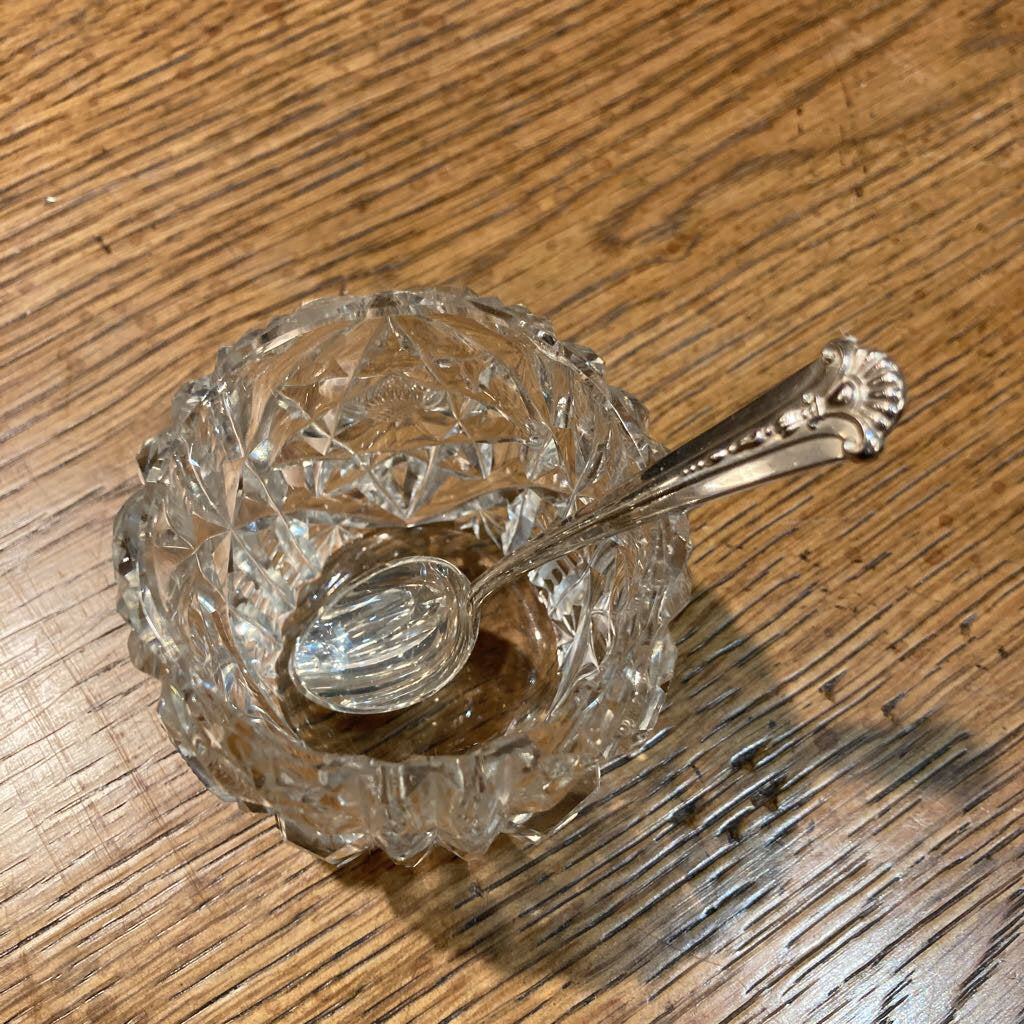 Antique cut crystal condiment jar & sterling spoon (4"H, 2.5" W ...