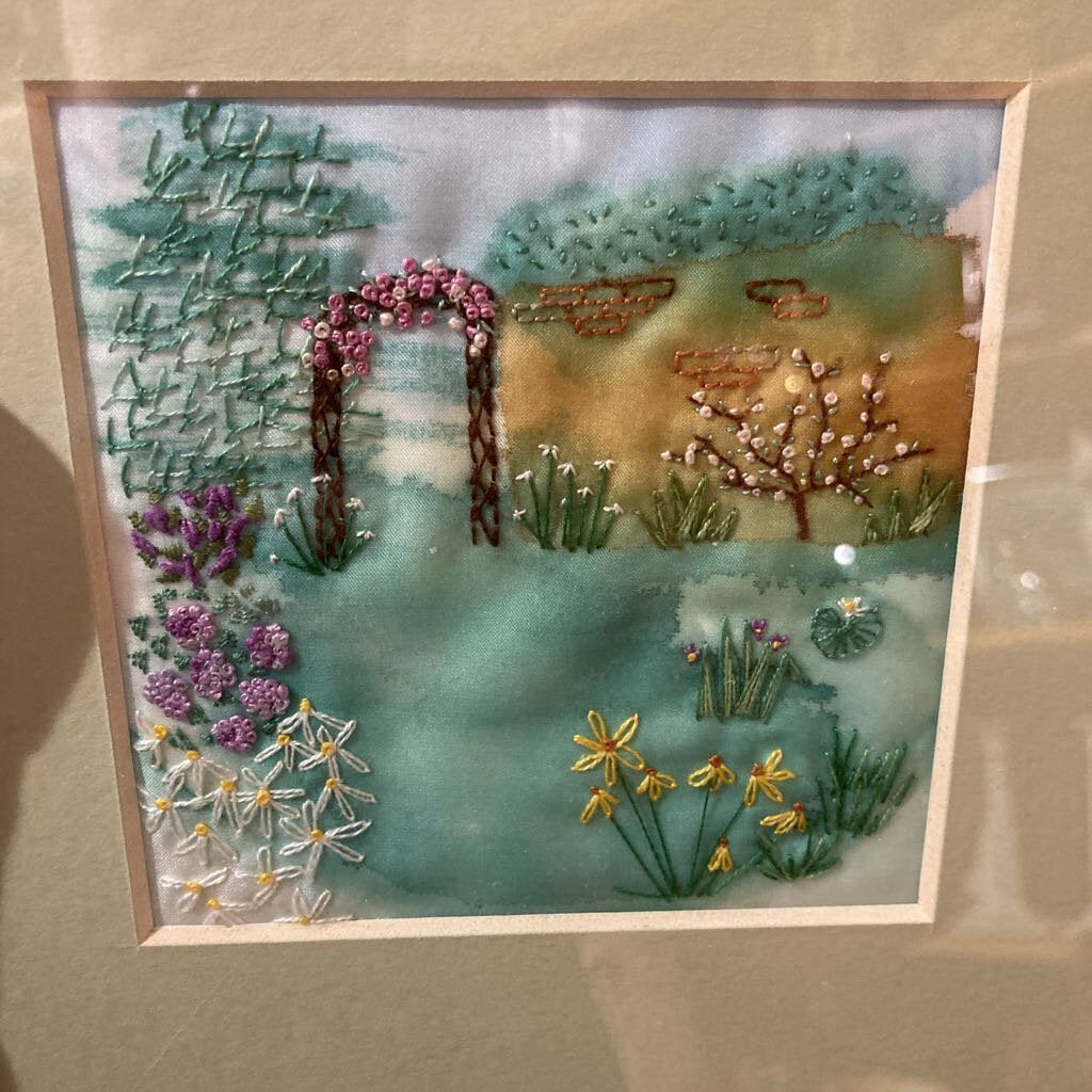 Hand embroidered garden scene picture (10x10 in) – Warehouse 55 Chicago